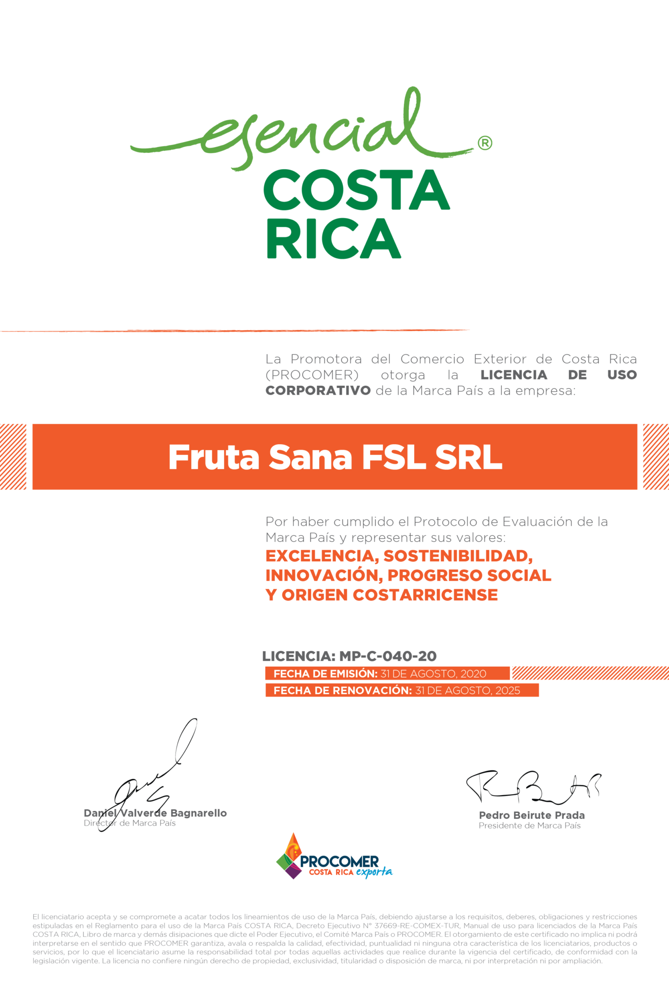 Essential Costa Rica certificate - Fruta Sana Costa Rica | Company ...